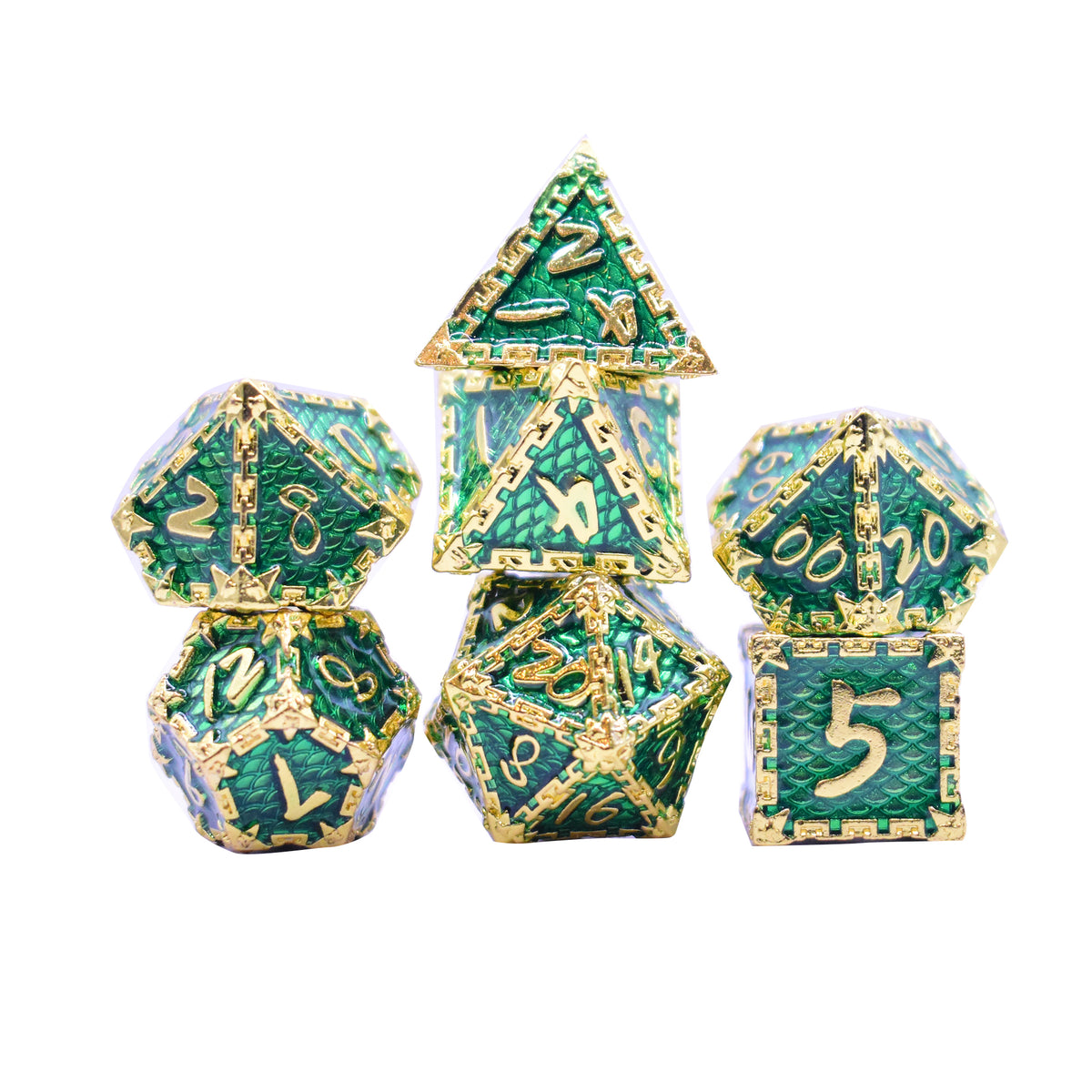 Dragon Scale Metal 7 Dice Set (Green and Gold) – Crits and Bits