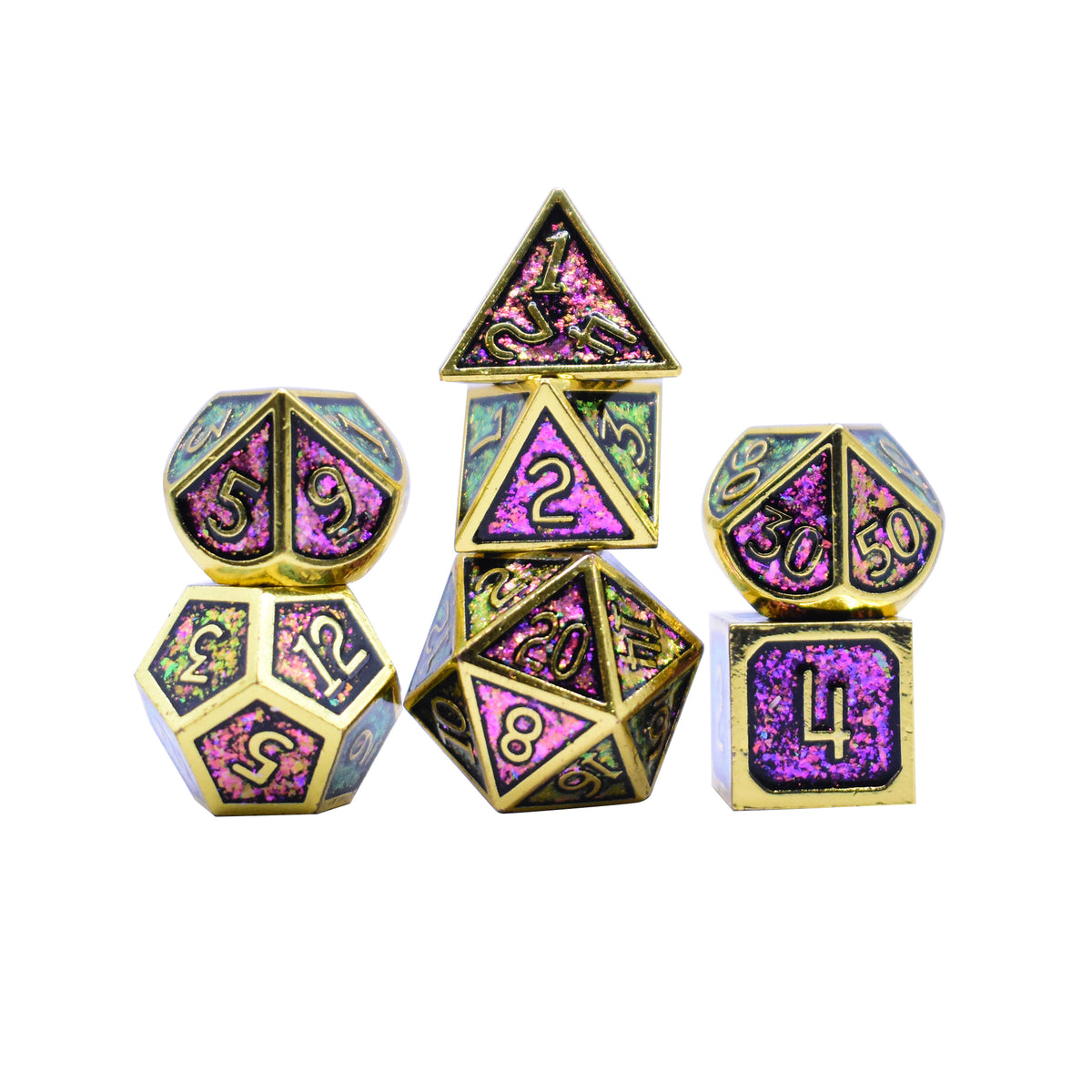 Mineral Inlay Dice 7 Dice Set (Violet, Green and Gold) – Crits and Bits